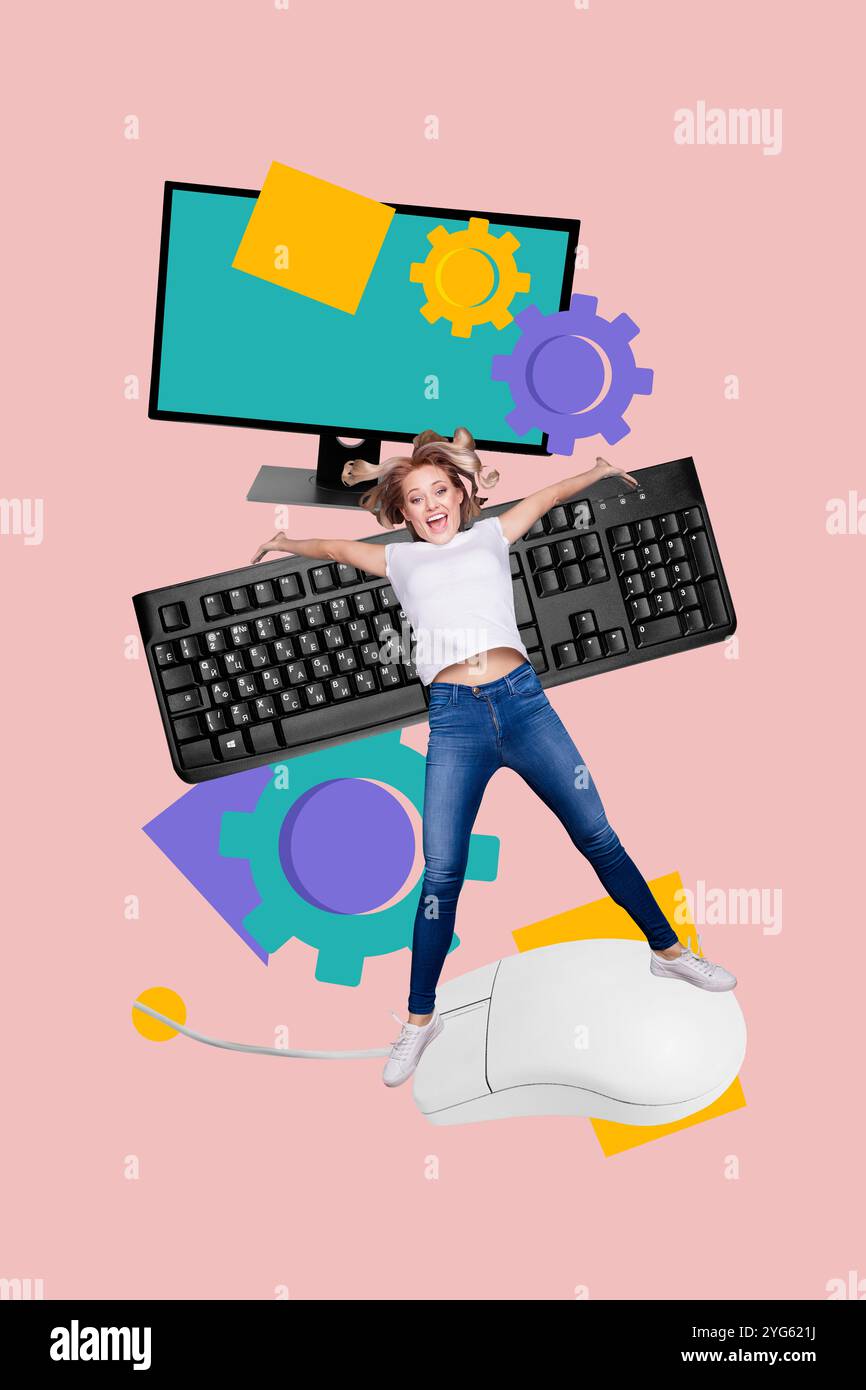 Vertical poster collage young woman computer digital device mouse click ...