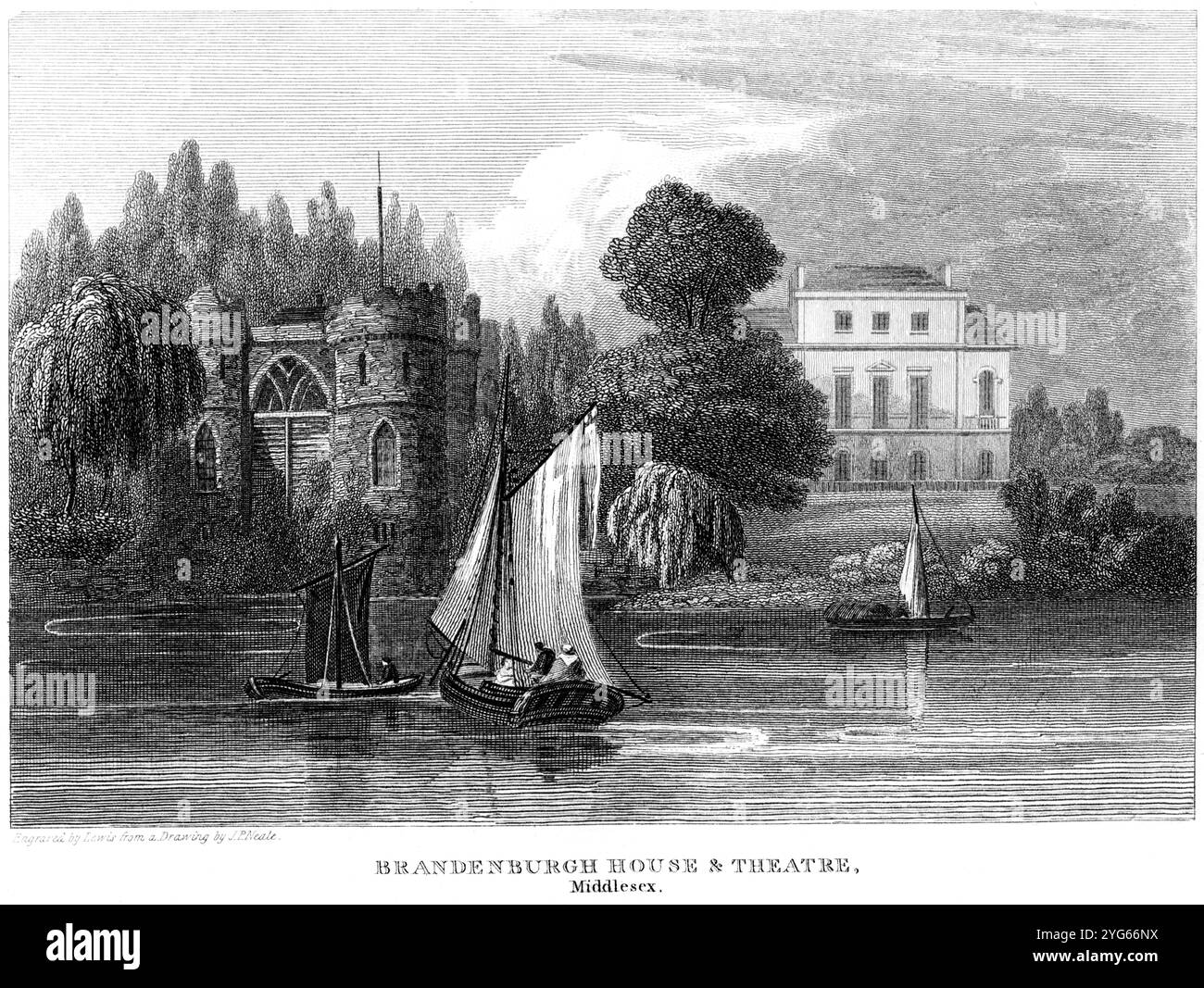 An engraving of Brandenburgh House & Theatre, Middlesex, England UK ...