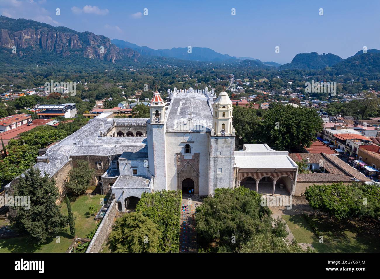 An aerial view capturing the Tepozteco Mountain alongside the historic ...