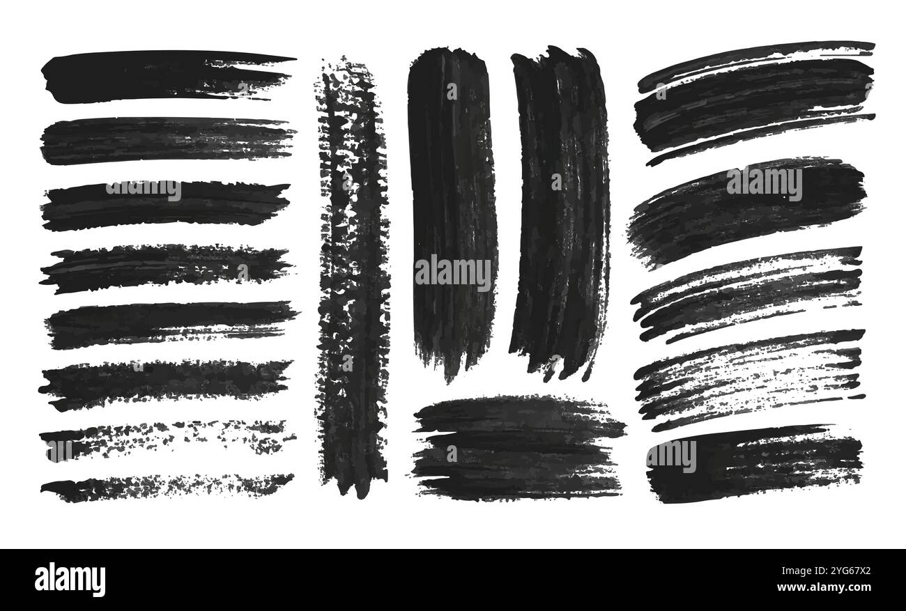 Set of black ink, brush strokes, lines, design elements, hand drawn ...