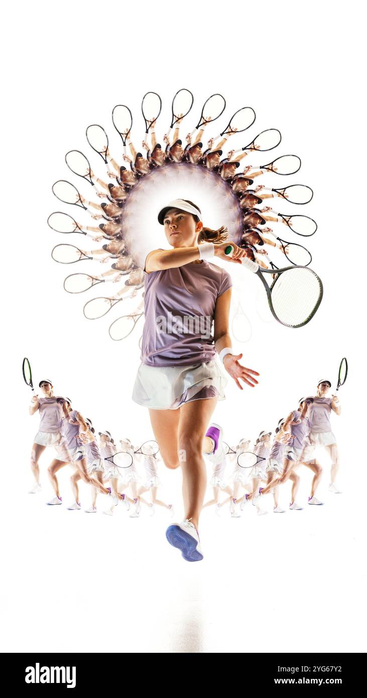 Tennis player in motion raising tennis racquet to hit ball against ...