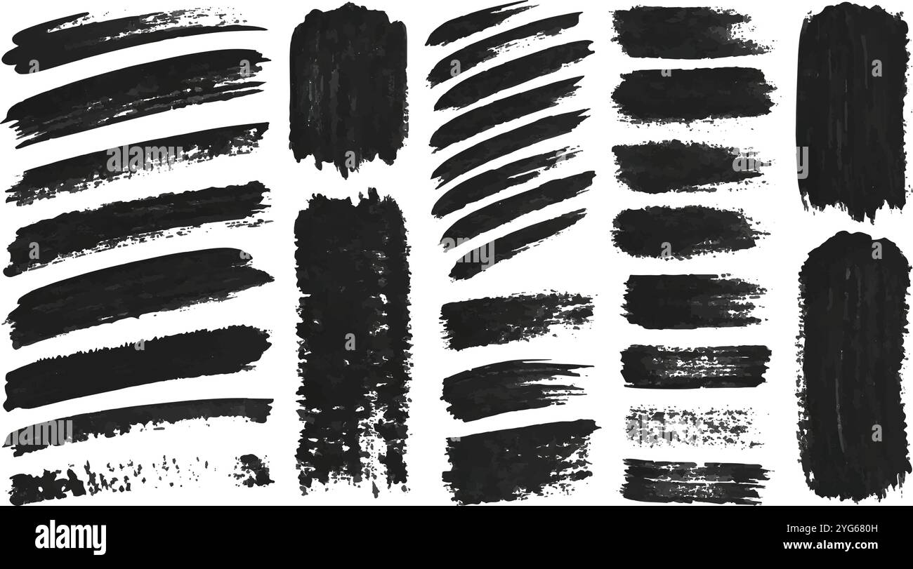 Set of black ink, brush strokes, lines, design elements, hand drawn ...