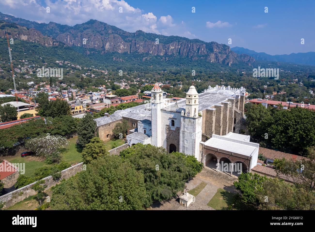An aerial view capturing the Tepozteco Mountain alongside the historic ...