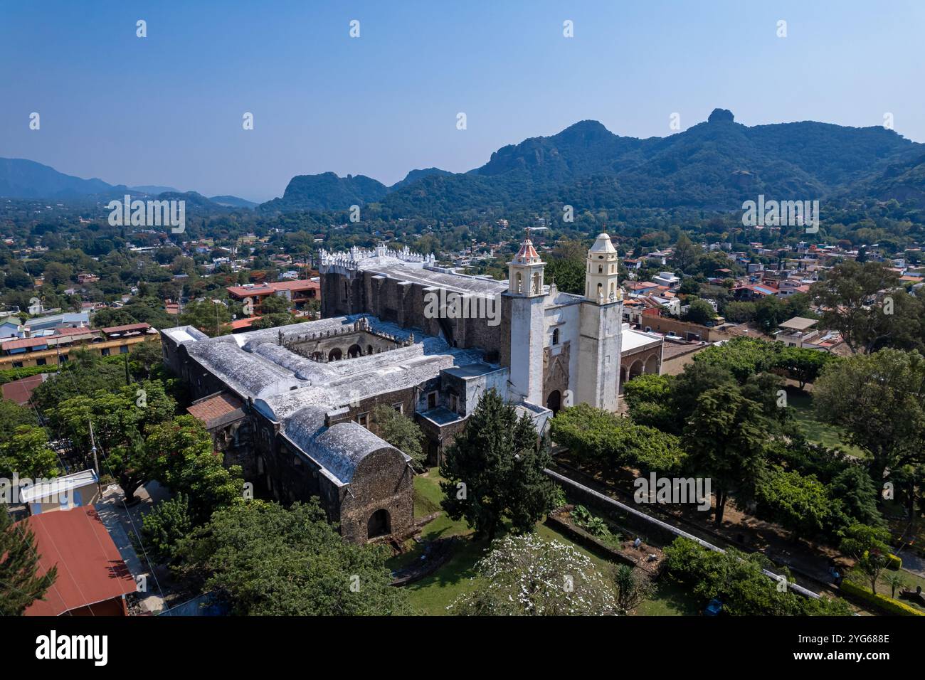 An aerial view capturing the Tepozteco Mountain alongside the historic ...
