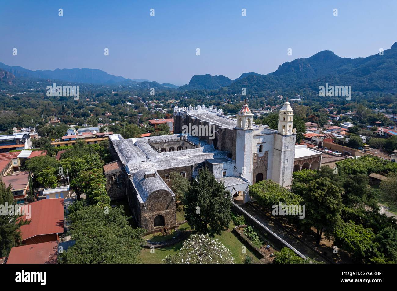 An aerial view capturing the Tepozteco Mountain alongside the historic ...