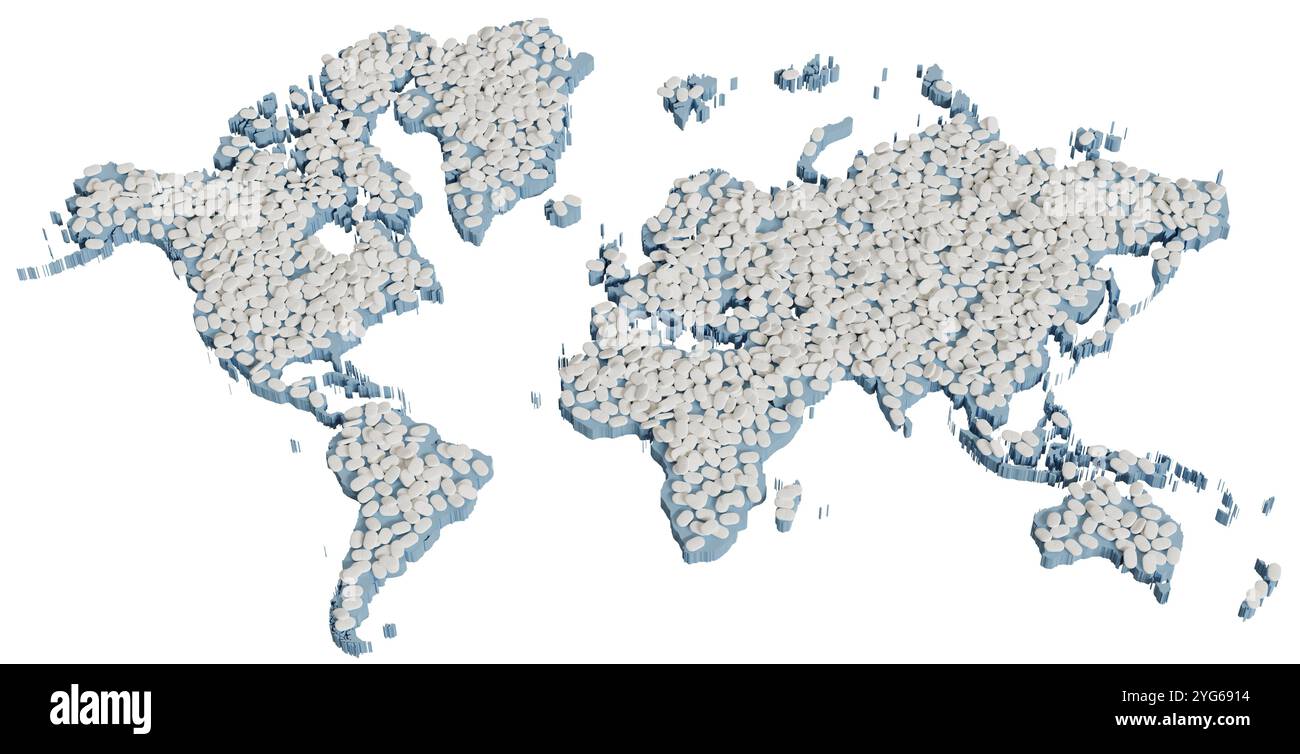 Pills for the world. White pills being spread over a 3d world map in ...