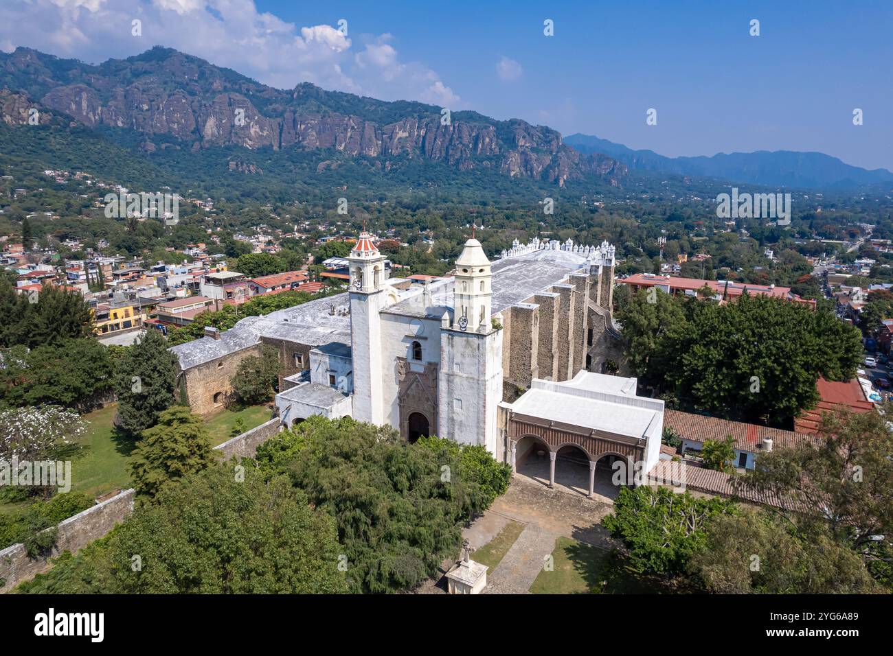An aerial view capturing the Tepozteco Mountain alongside the historic ...