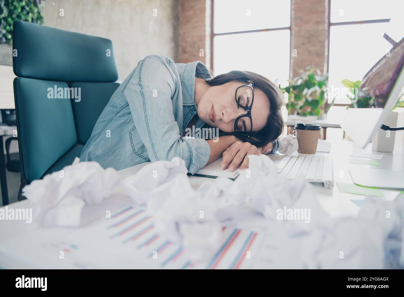 Photo portrait of lovely young lady sleep lying table dressed stylish ...
