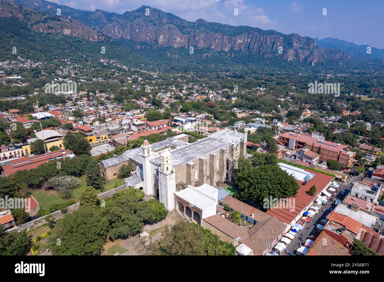 An aerial view capturing the Tepozteco Mountain alongside the historic ...