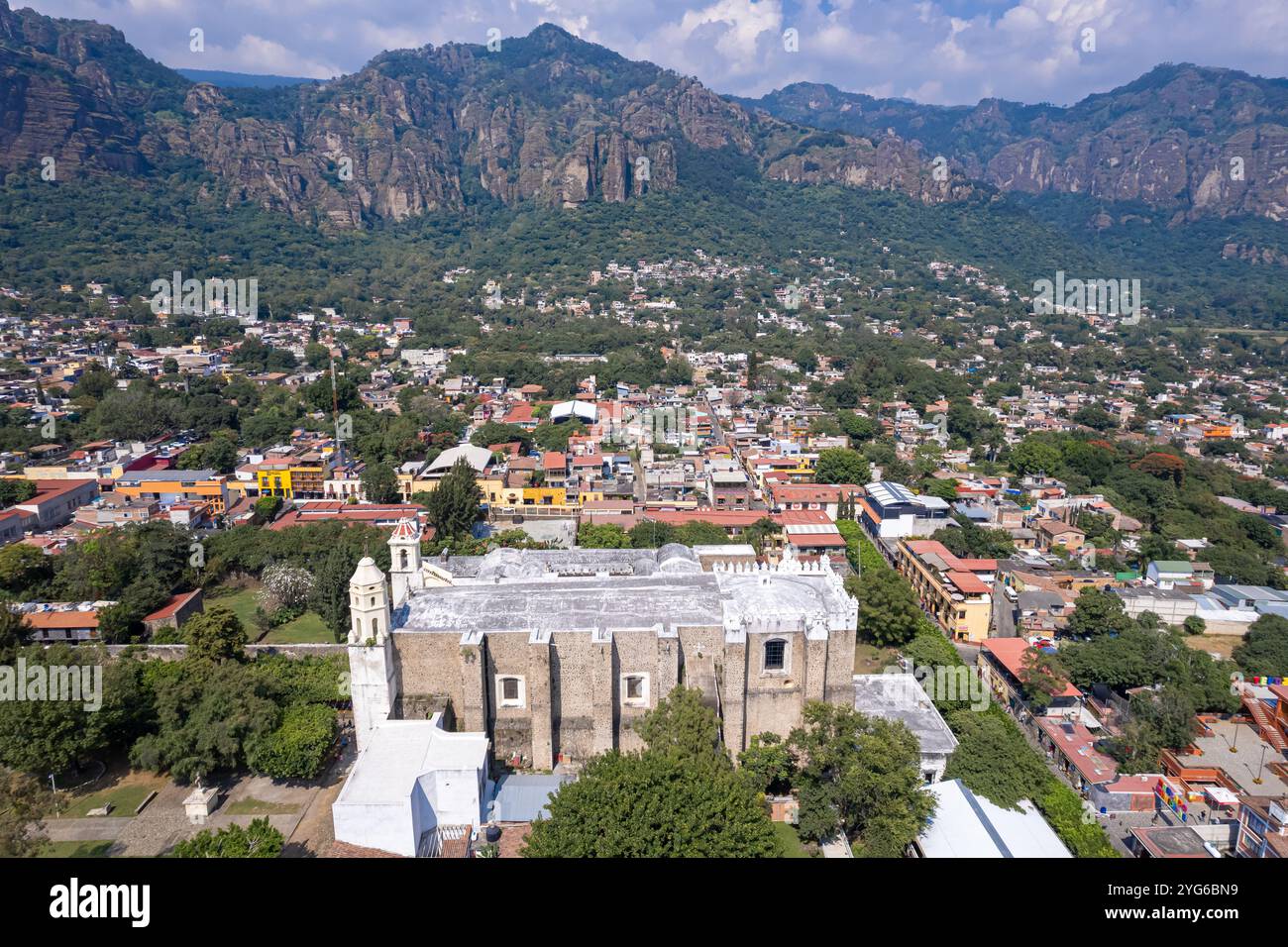 An aerial view capturing the Tepozteco Mountain alongside the historic ...