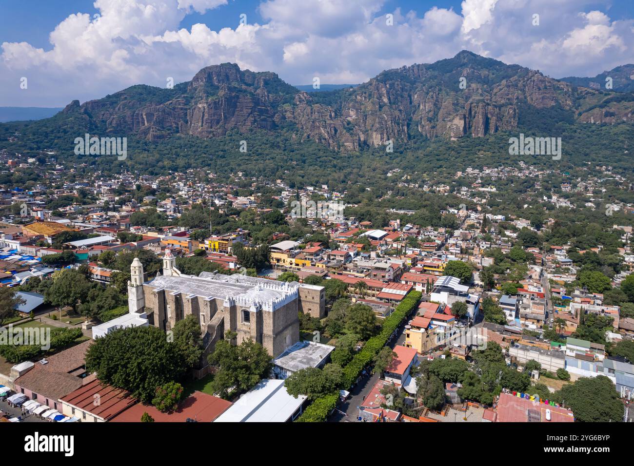 An aerial view capturing the Tepozteco Mountain alongside the historic ...