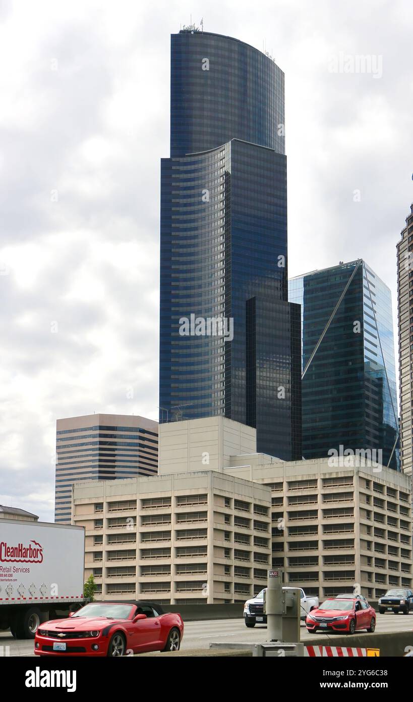 View of the skyscrapers from inside a car driving north on Interstate 5 ...