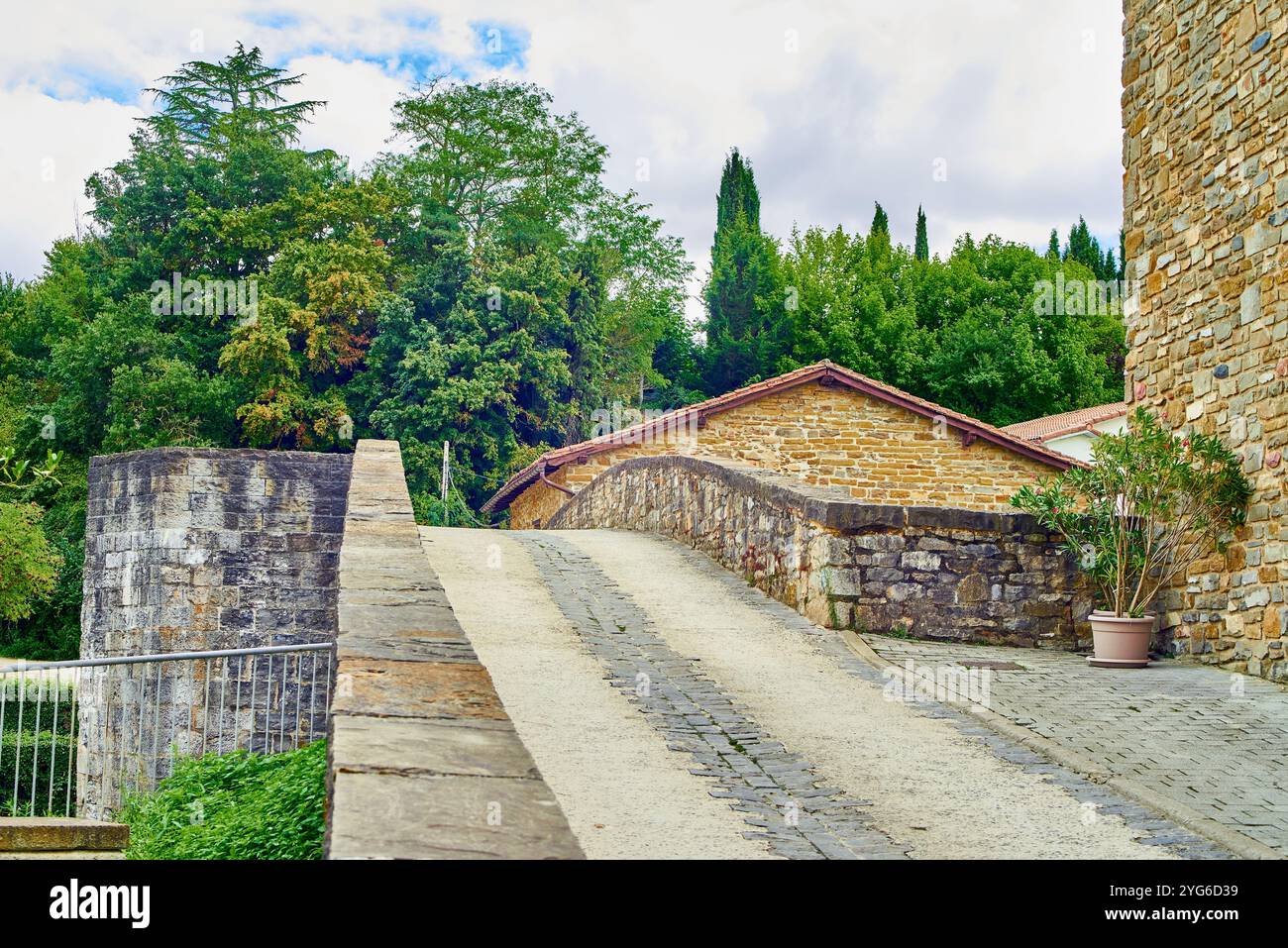 Way of St. James over the Bridge Puente de la Rabia at Zubiri over the ...