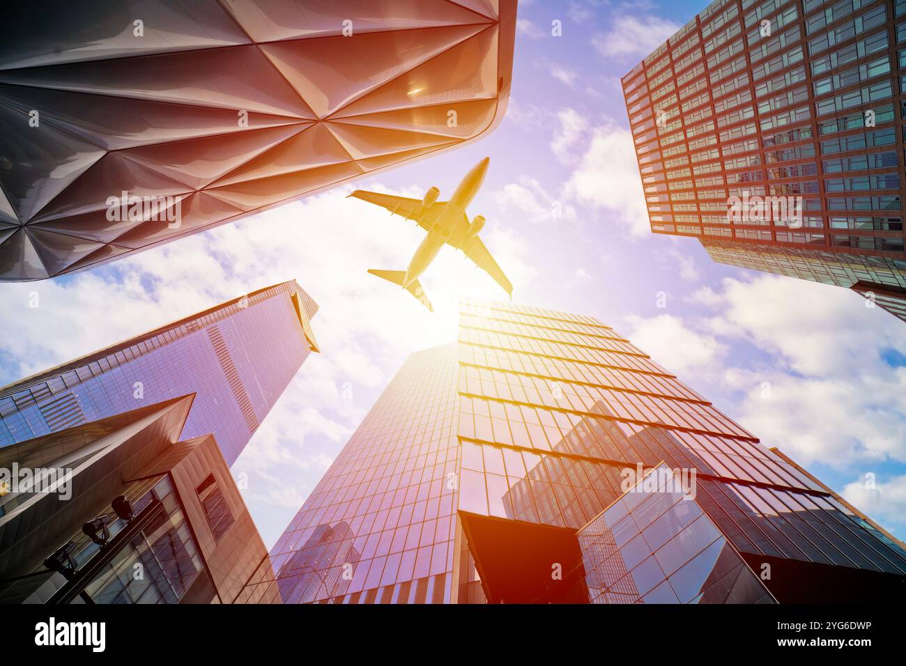 New York City Hudson Yards with jet airplane in low flight view, United ...