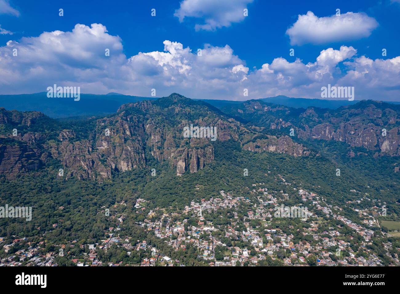 A breathtaking aerial view of the majestic Tepozteco Mountain in ...