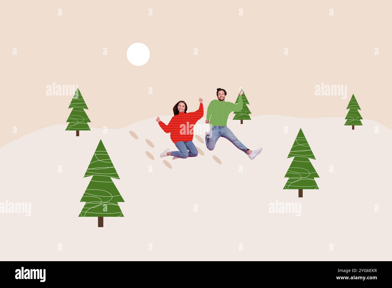 Collage picture of cheerful funky crazy people going down snowy hill ...