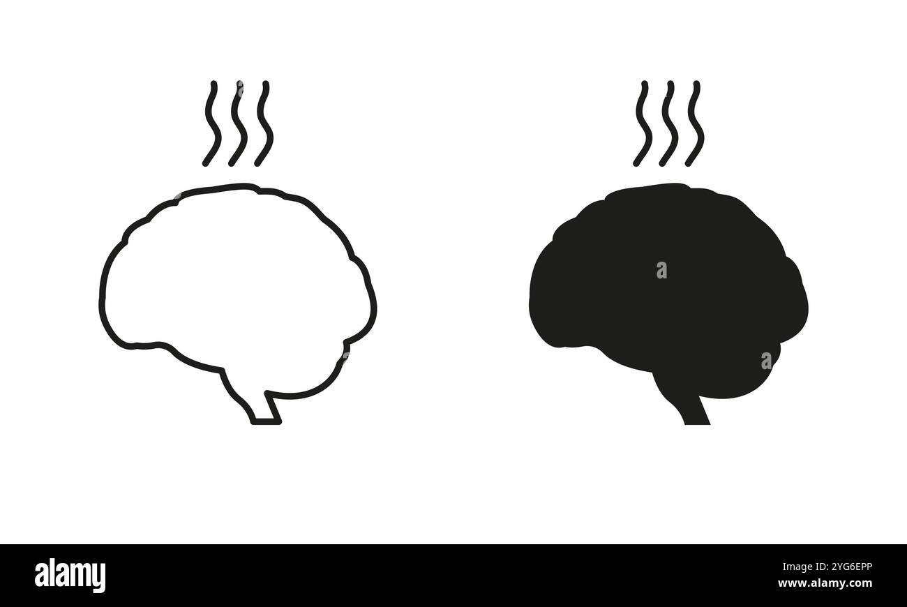 Mental Fatigue Sign. Burnout Brain Silhouette Icon Set. Hot Brain with ...