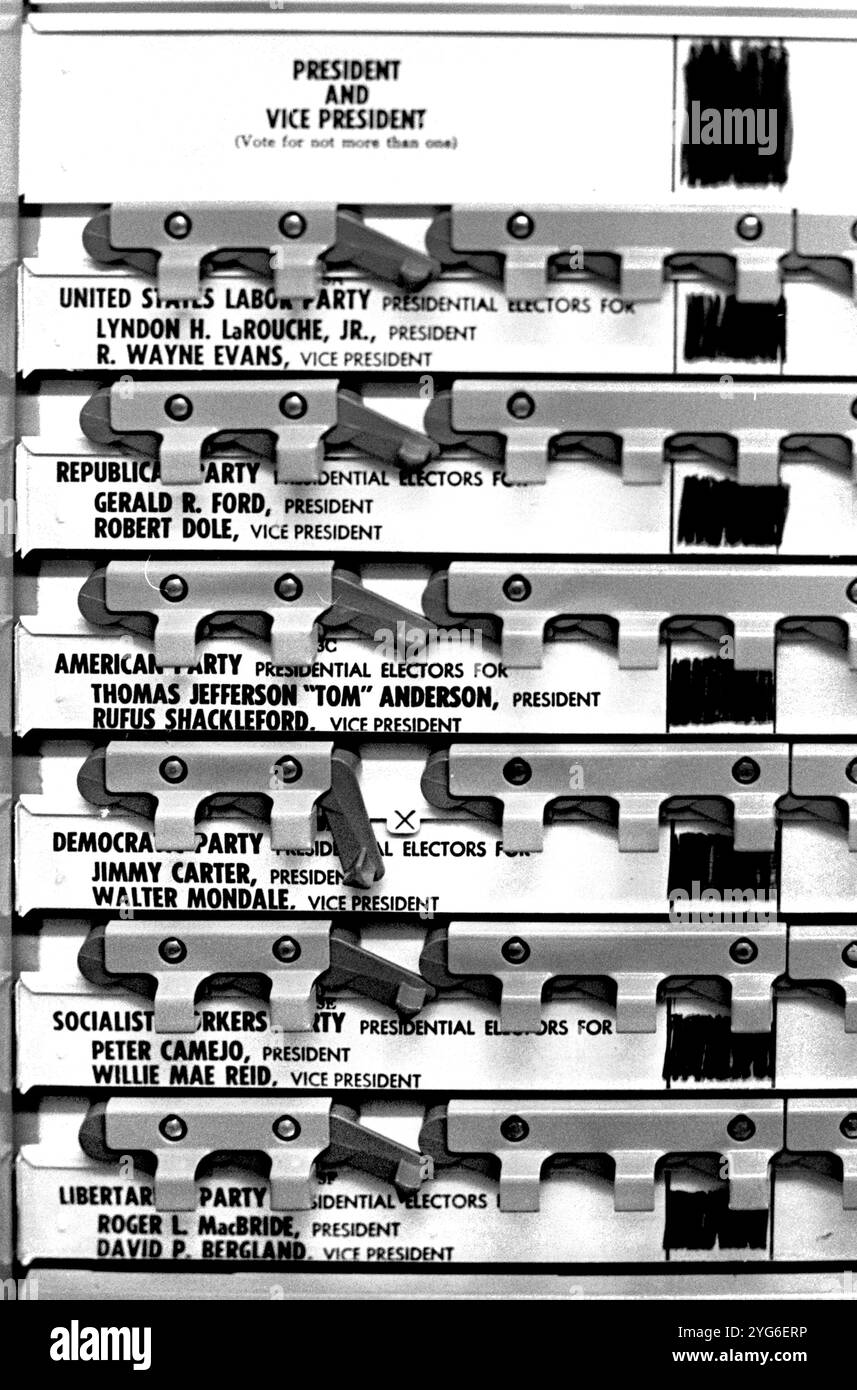 A voting machine used in the 1976 U.S. Presidential election showing a ...