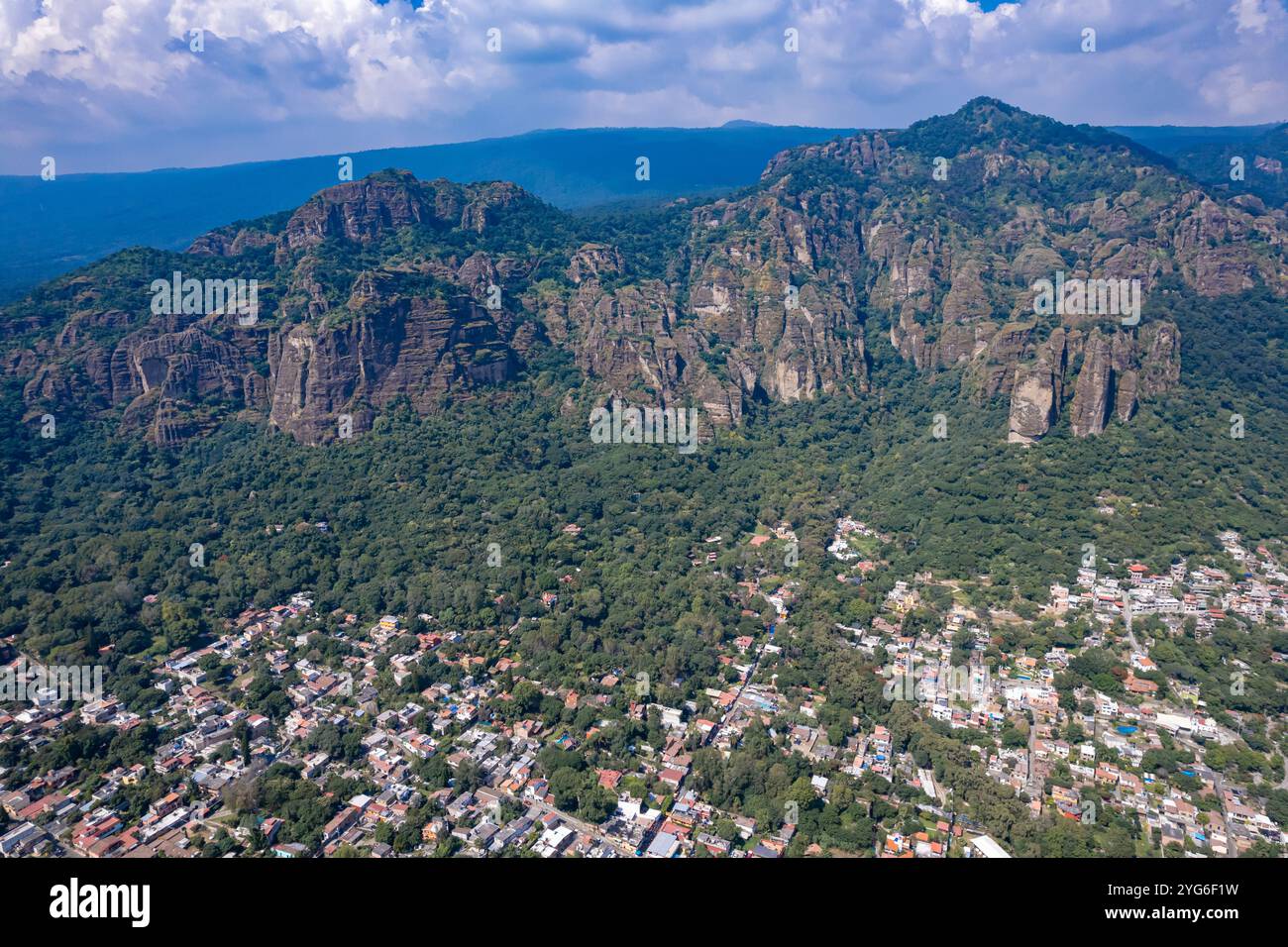 A breathtaking aerial view of the majestic Tepozteco Mountain in ...