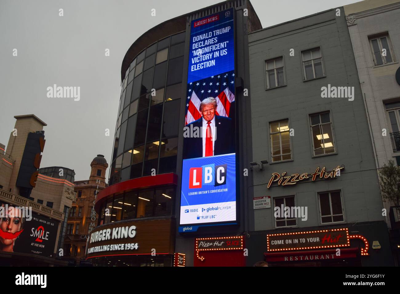 London, UK. 6th November 2024. A digital billboard in Leicester Square ...