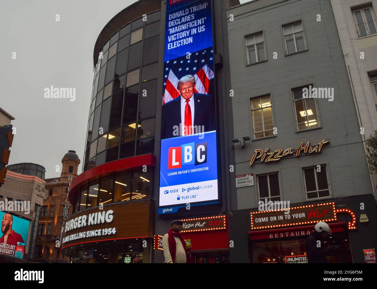 London, UK. 6th November 2024. A digital billboard in Leicester Square ...