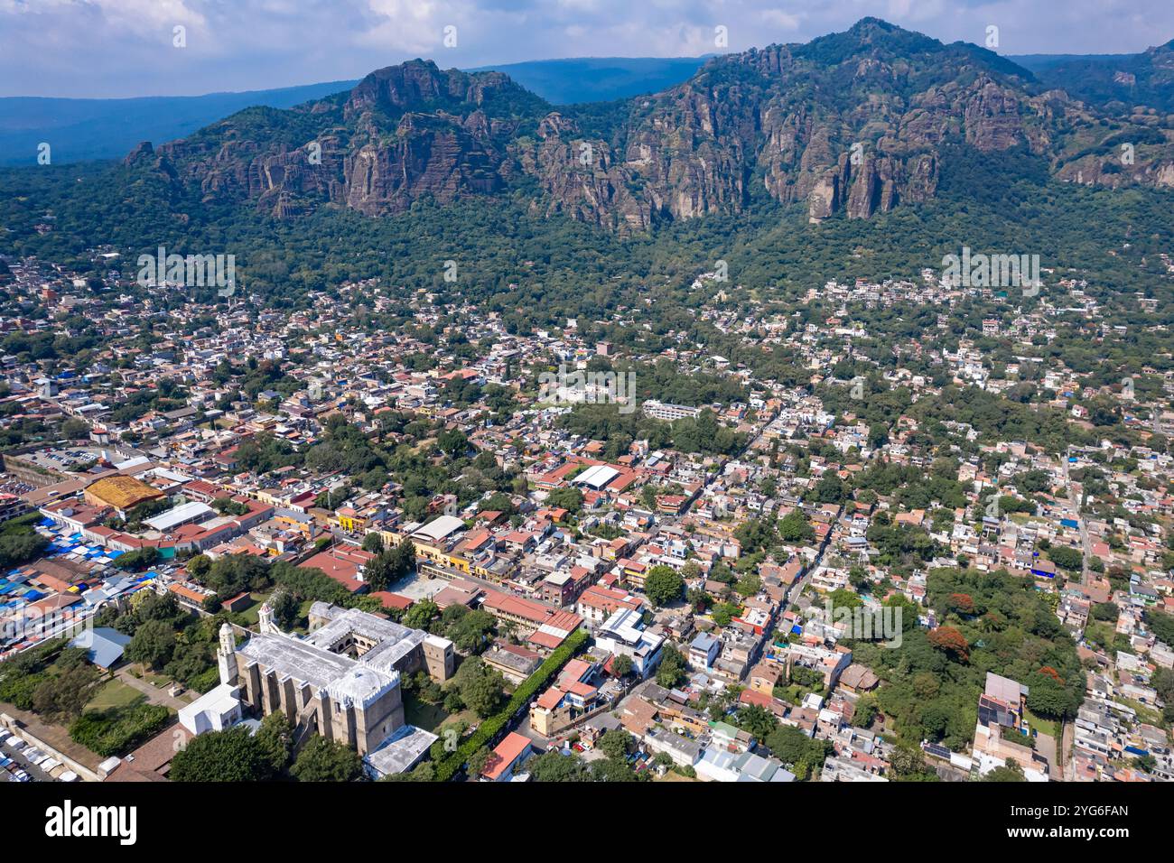 A breathtaking aerial view of the majestic Tepozteco Mountain in ...