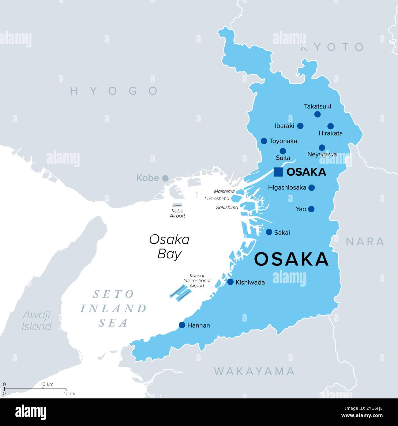 Osaka Prefecture of Japan, political map. Located in the Kansai or ...