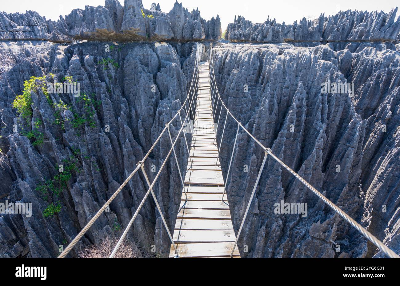 A suspension bridge stretches across a deep chasm in the dramatic ...