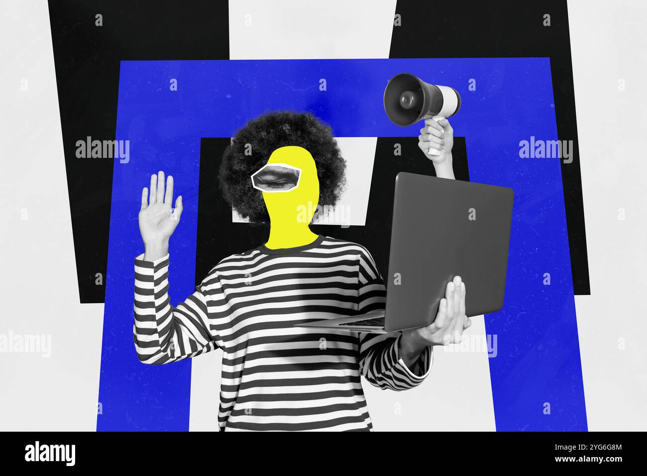 Collage artwork of funny unusual person waving arm hello video meeting ...