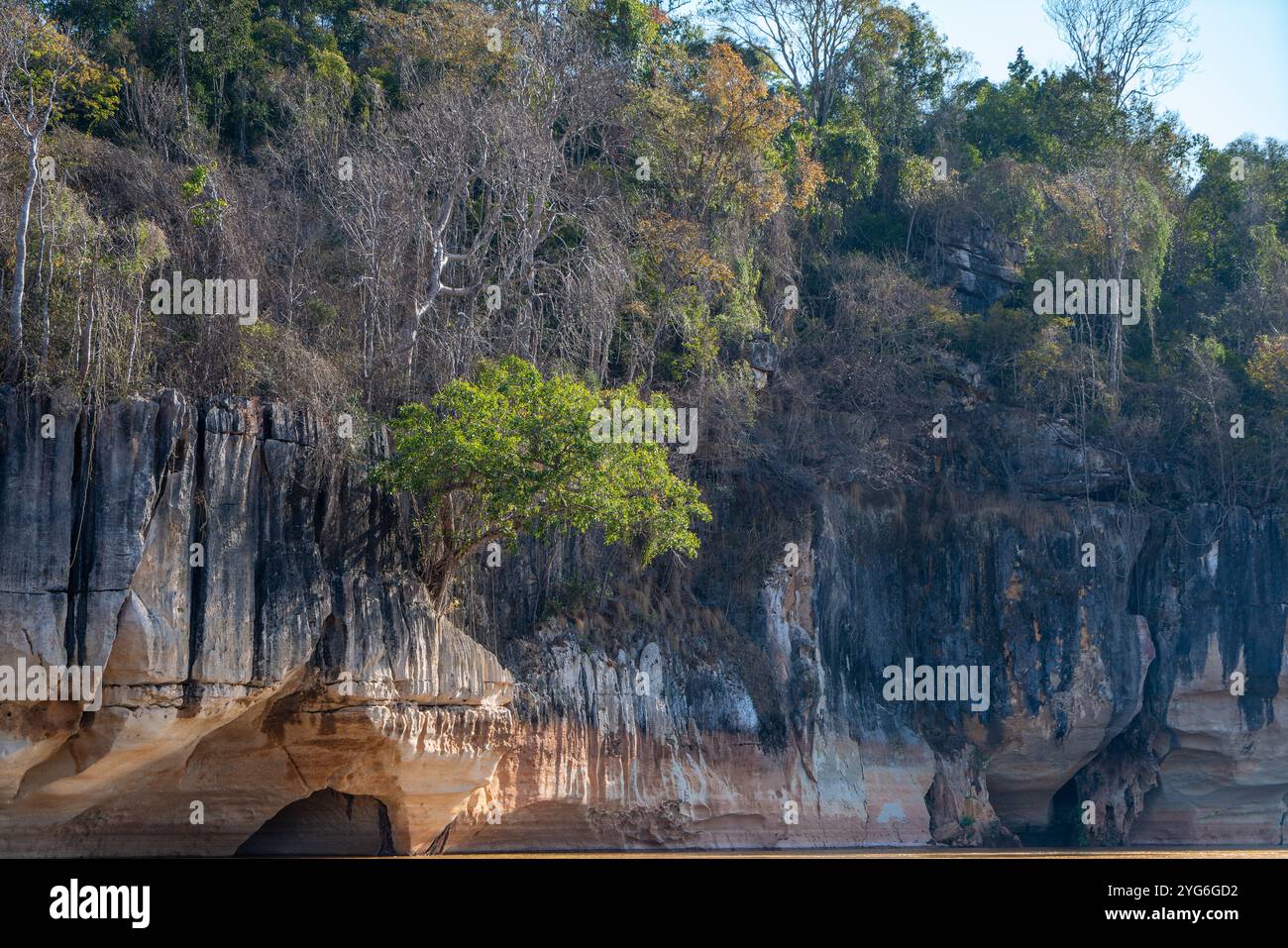 Limestone cliffs with unique erosion patterns and lush vegetation ...