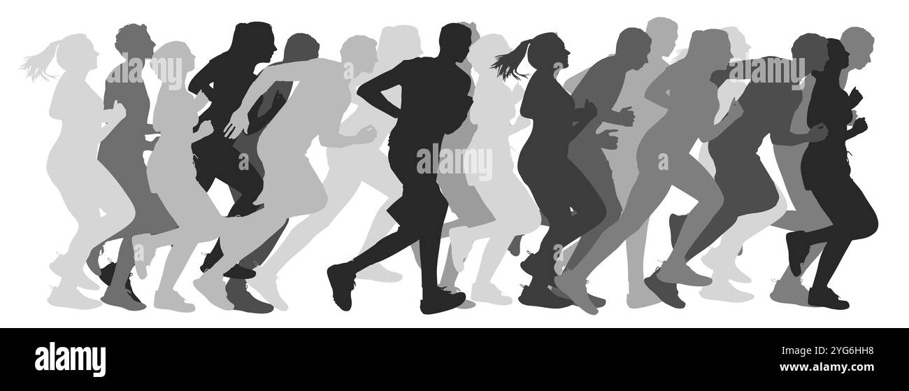 Panorama of many runners in black and white as a marathon and jogging ...