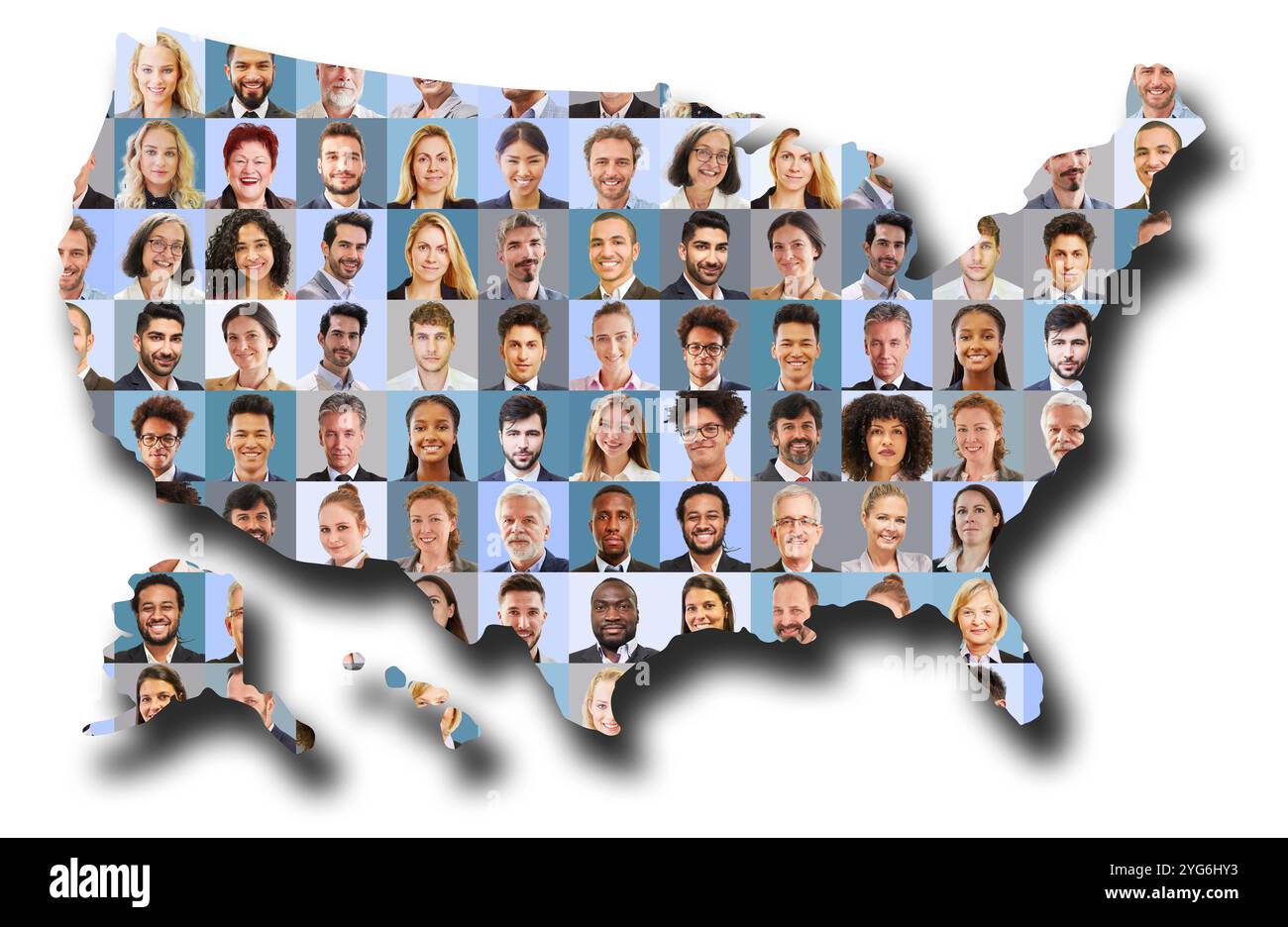 Portraits of business people on map of USA as team and human resources ...