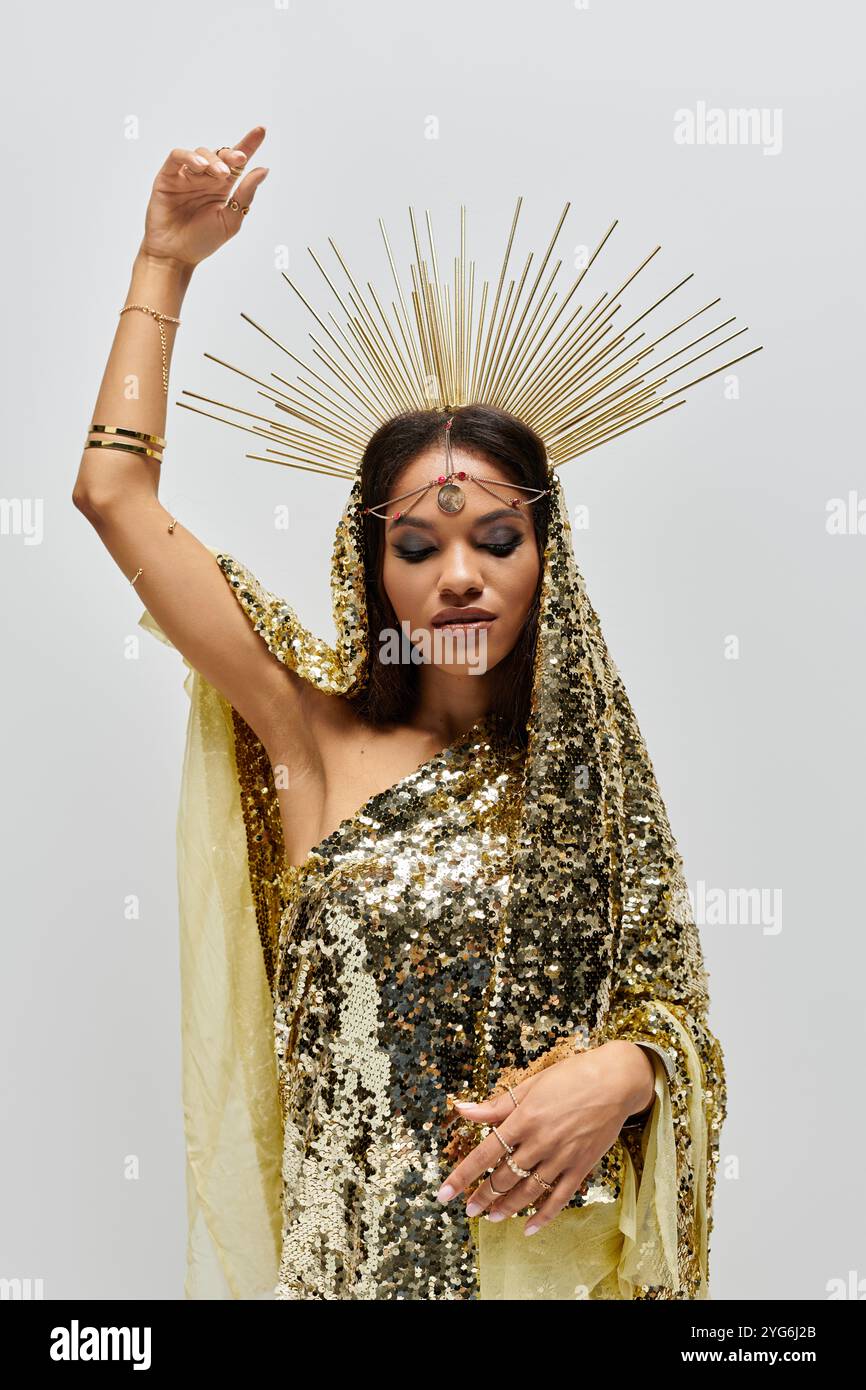 A stunning African American goddess in a golden gown embodies elegance ...