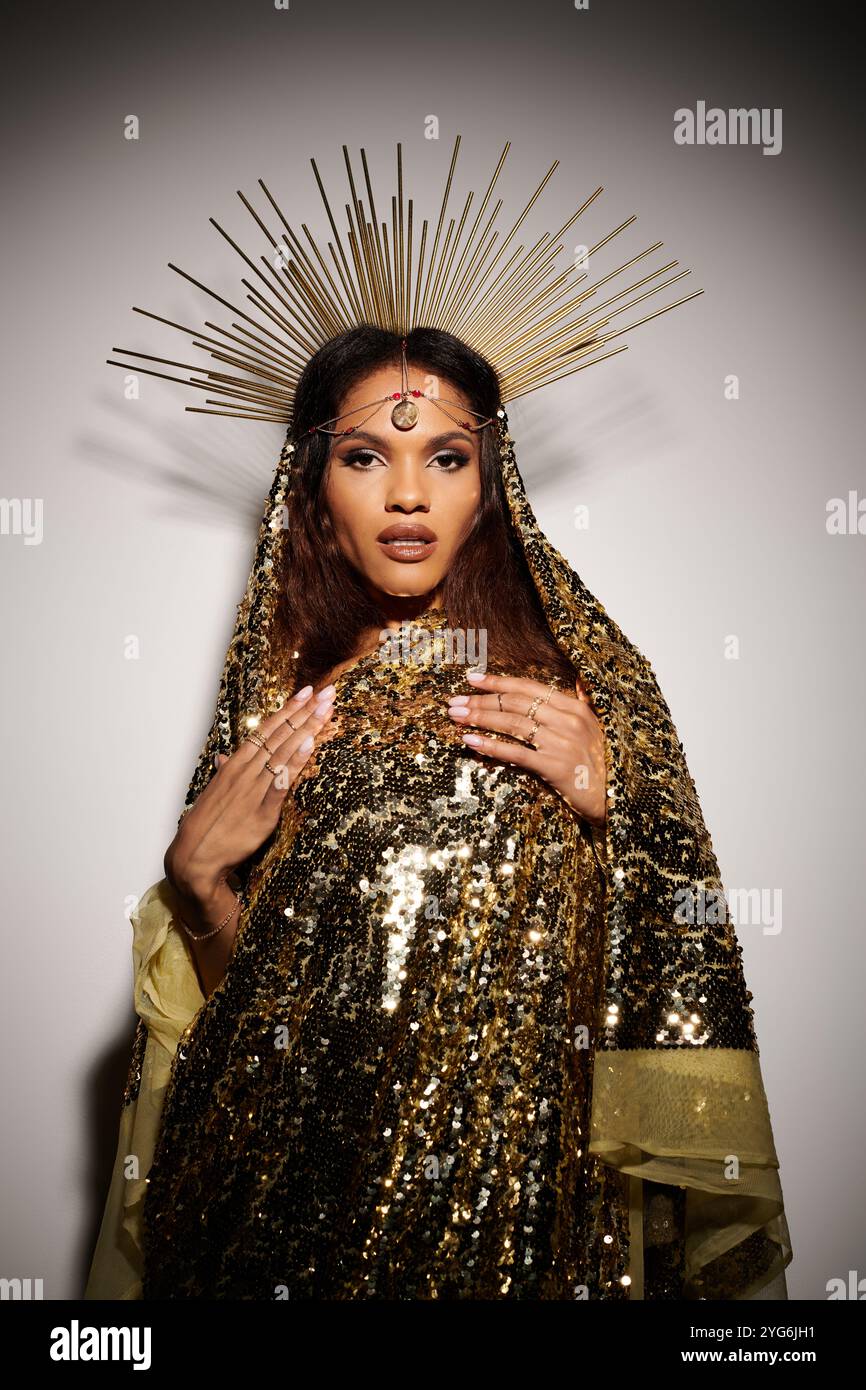 An African American goddess captivates in a dazzling golden dress while ...