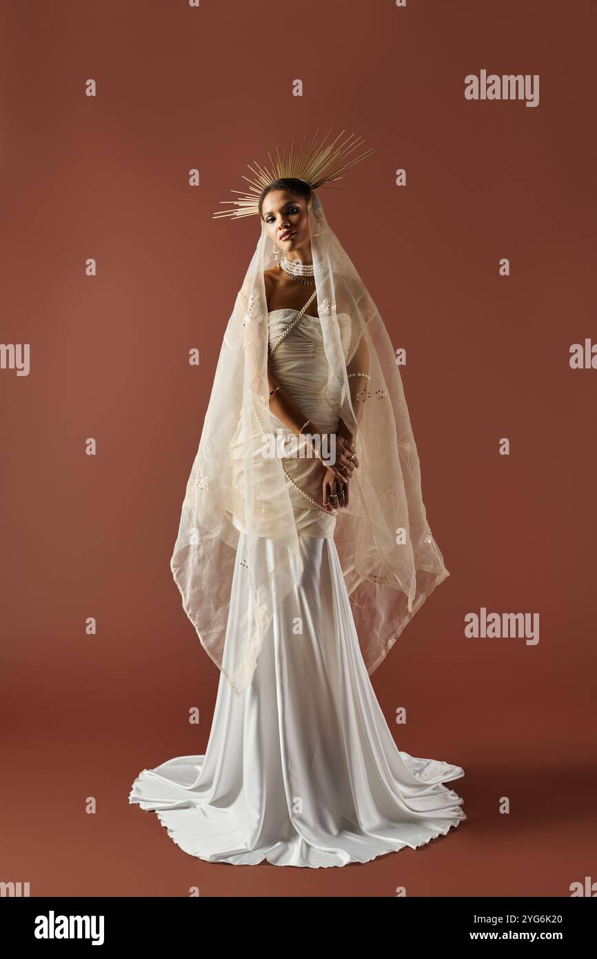 An elegant African American woman adorned in pearls captivates with ...