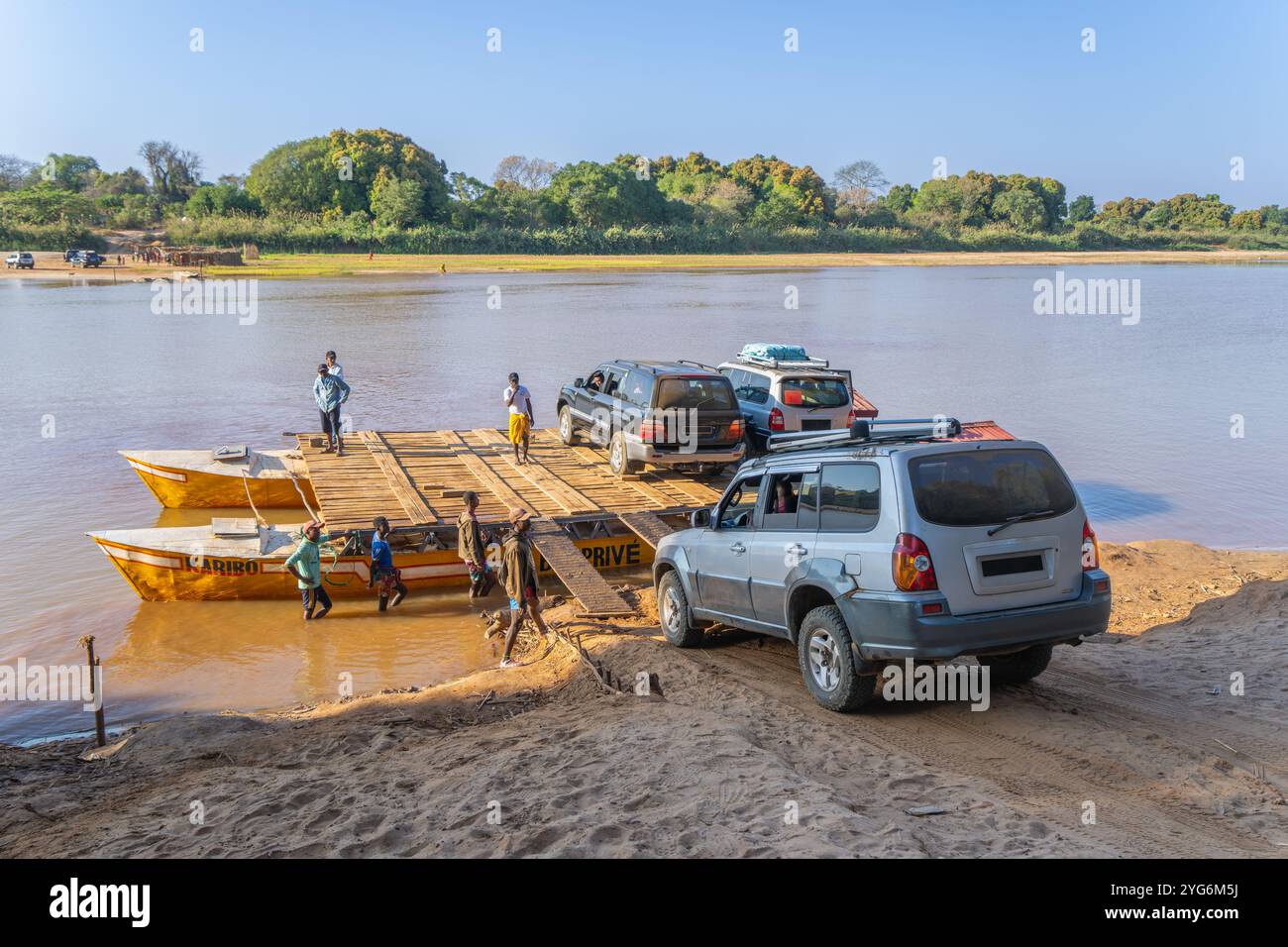 Bemaraha National Park, Madagascar - August 28, 2024: Cars on a raft ...