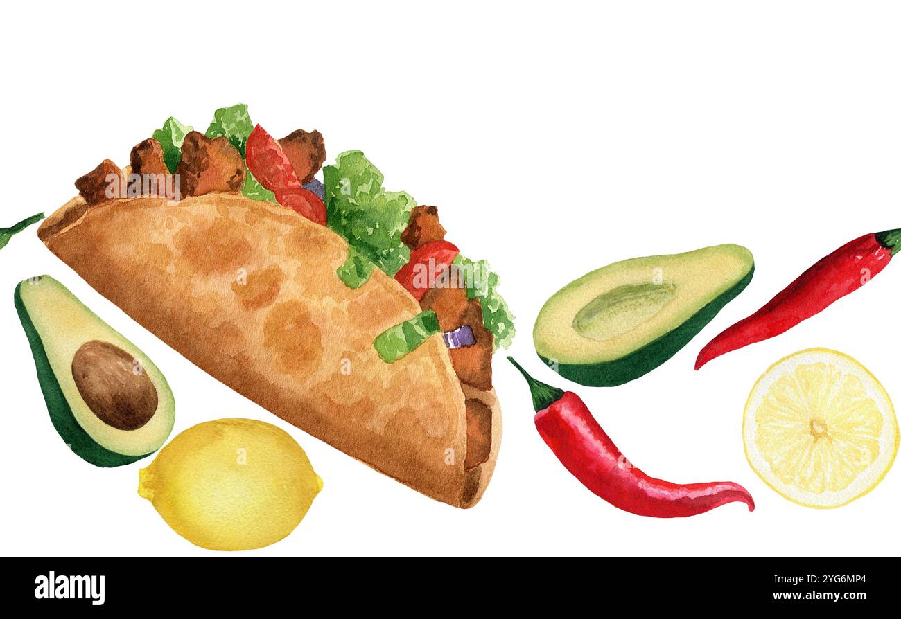 Seamless border with tacos, red pepper, avocado and lemon. Hand drawn ...