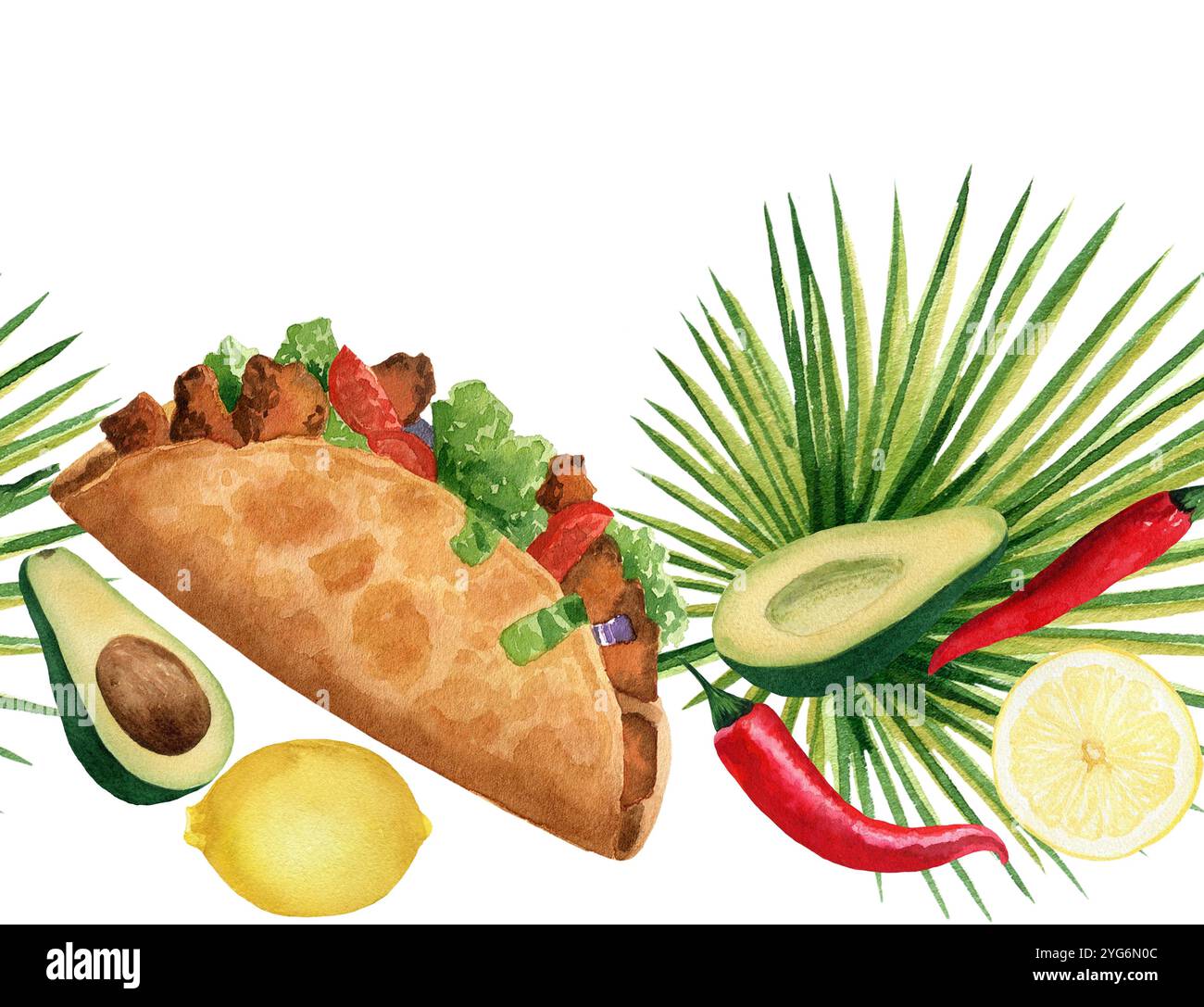 Seamless border with tacos, washingtonia palm, red pepper, avocado and ...