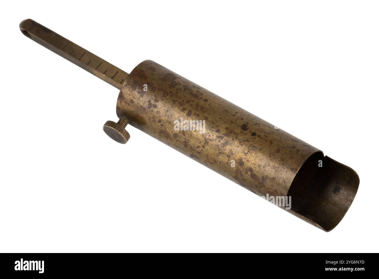 Antique black powder measure for loading cartridge. Isolated on a white ...