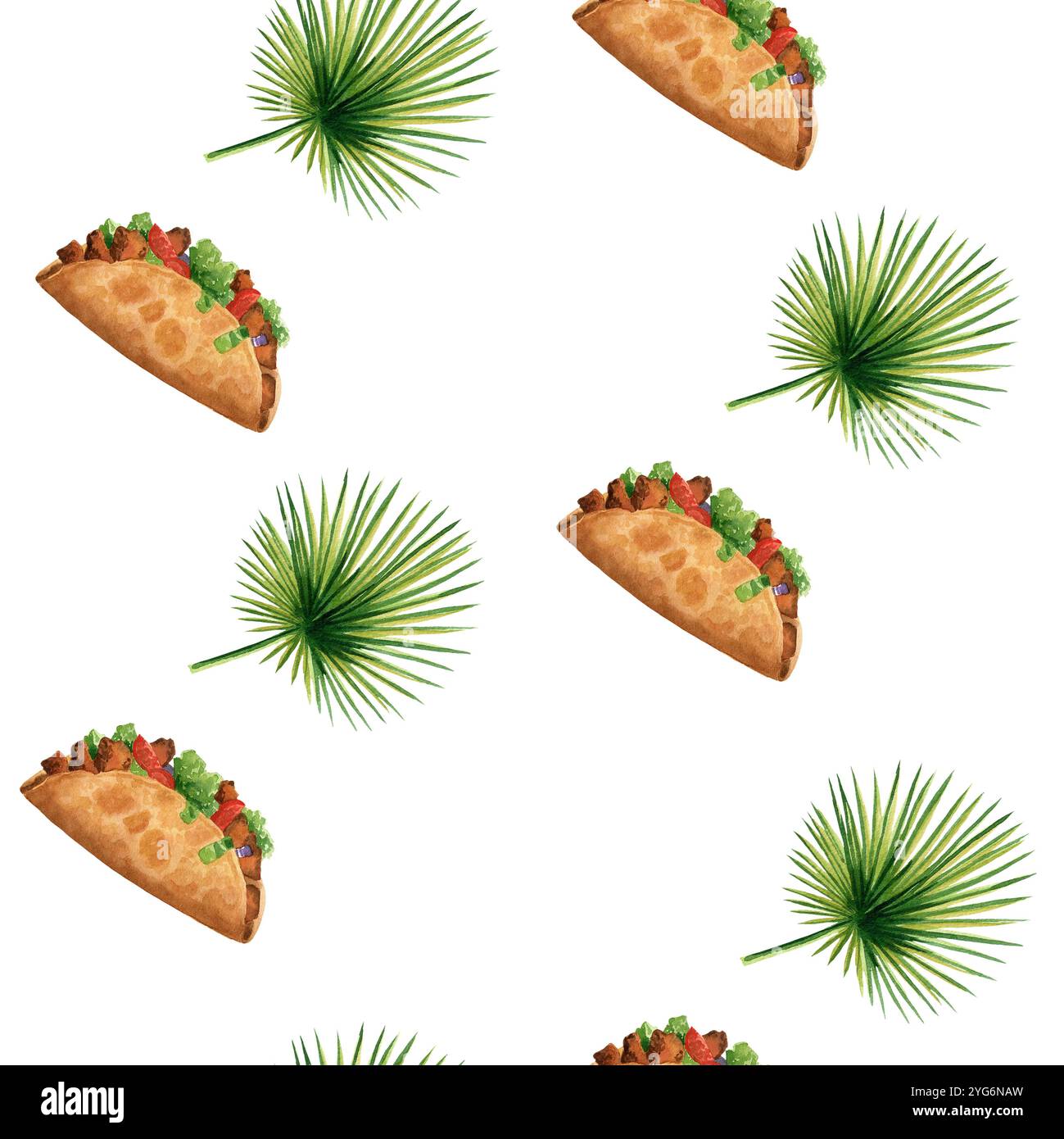 Seamless pattern with tacos and washingtonia palm. Hand drawn ...