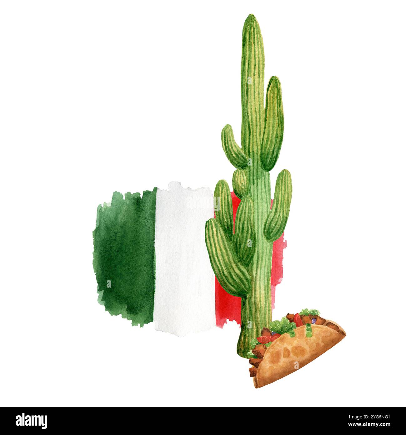 Mexican flag splash design with taco and cactus. Watercolor ...