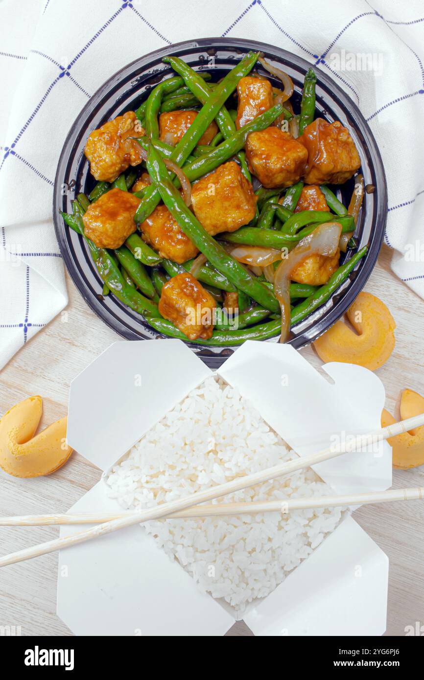 String Beans Tofu & Steamed Rice Stock Photo - Alamy