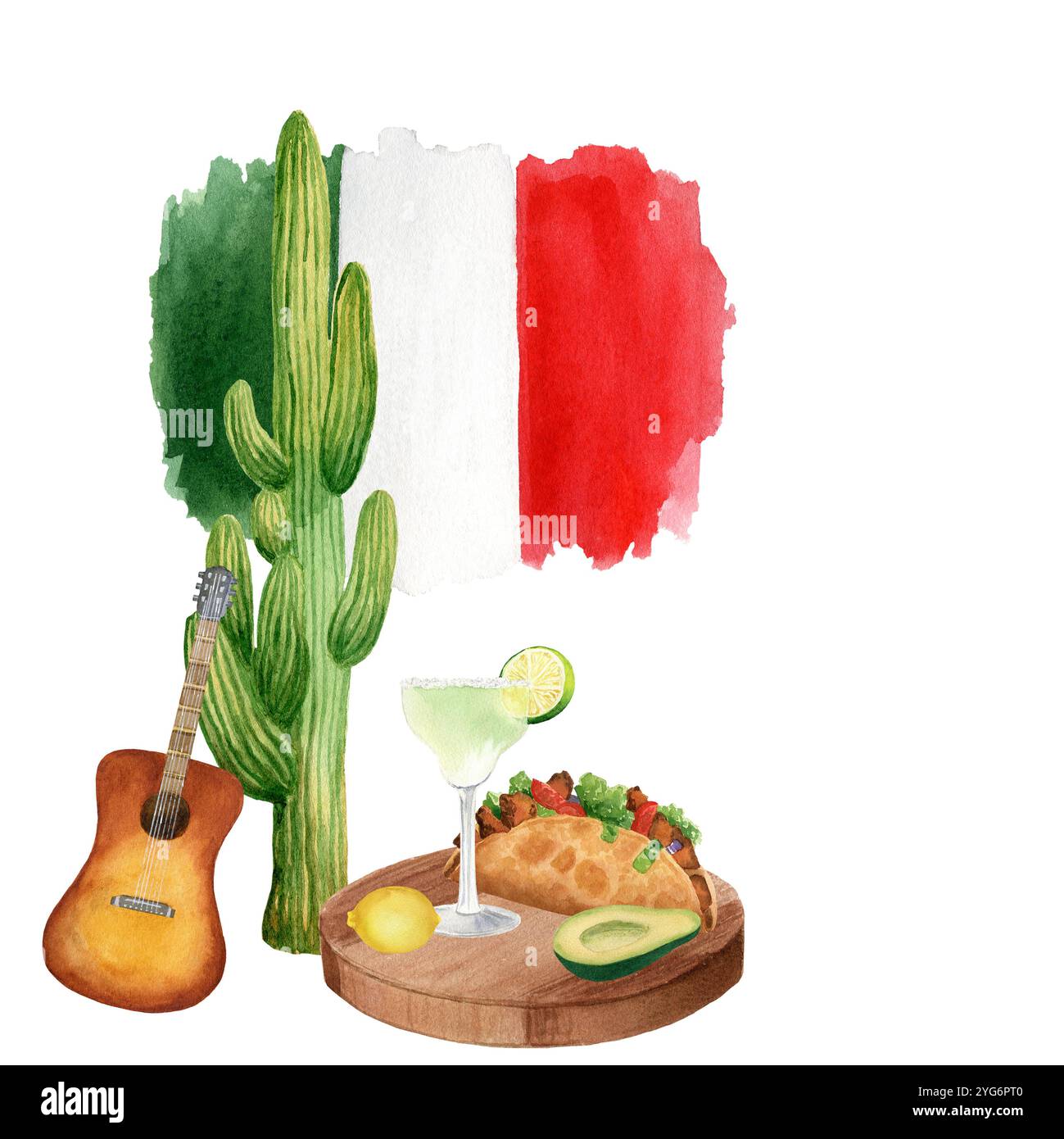Mexican flag splash design with guitar, taco, Margarita, avocado, lemon ...