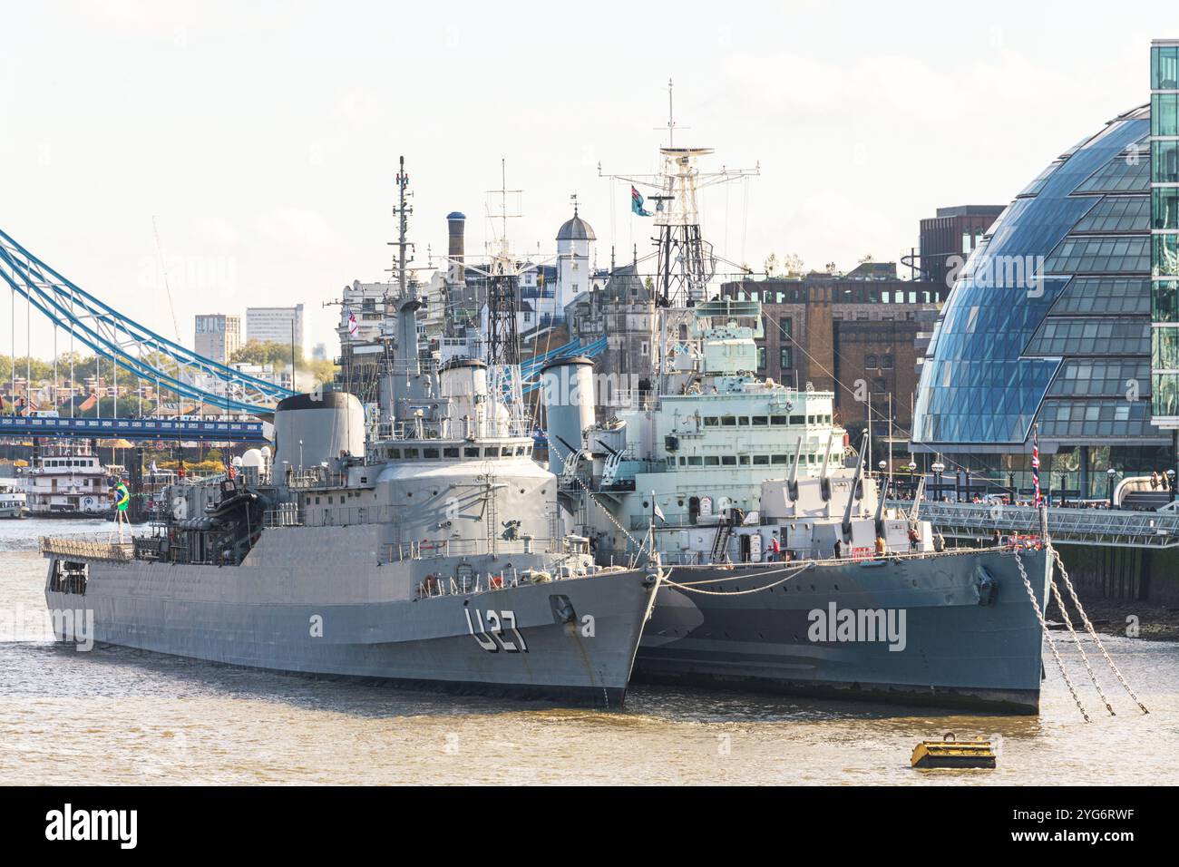 HMS Belfast and a Brazilian Navy Ship moored on the River Thames ...