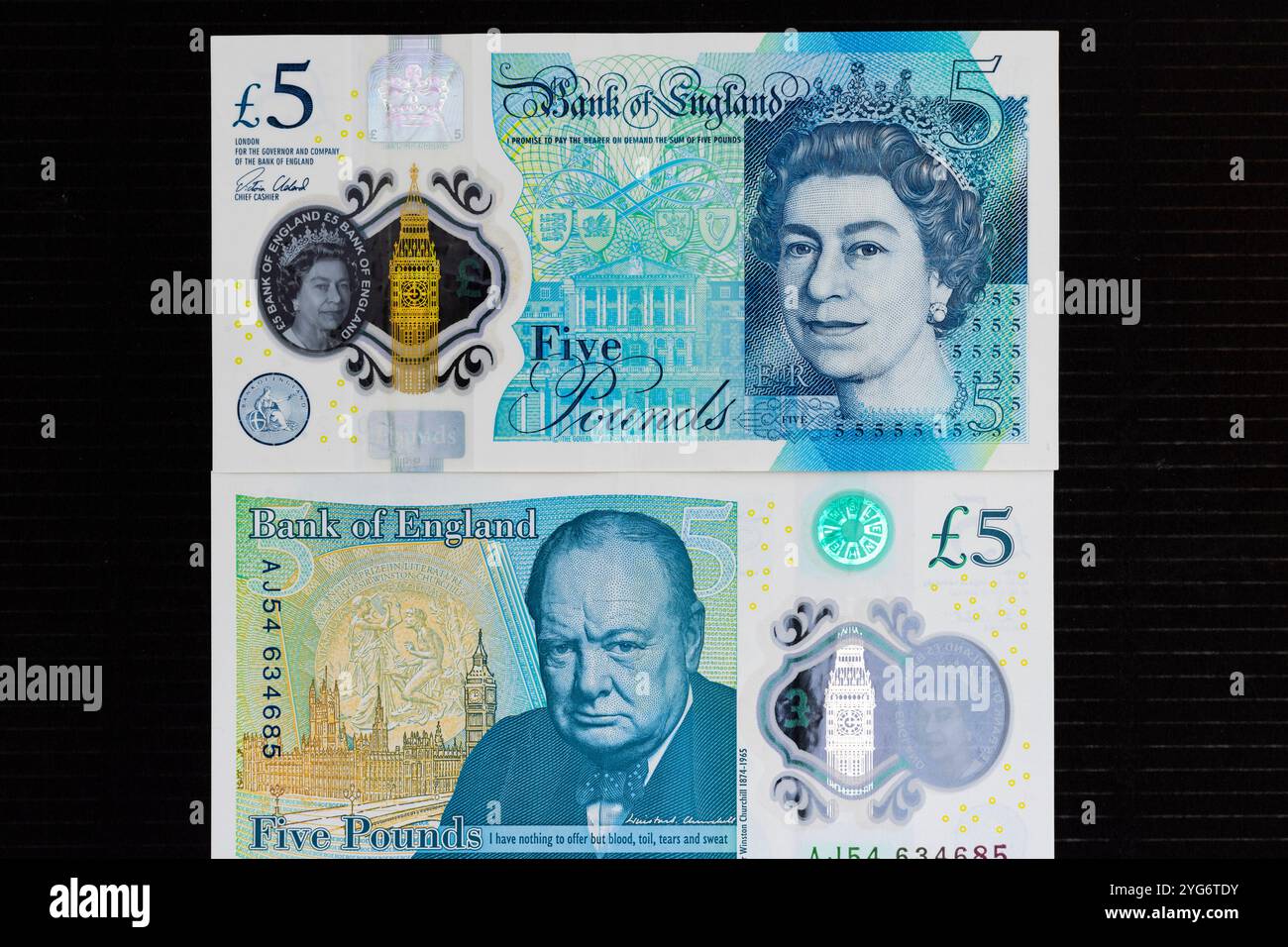 British Five Pound Note with Winston Churchill and Queen Elizabeth II ...