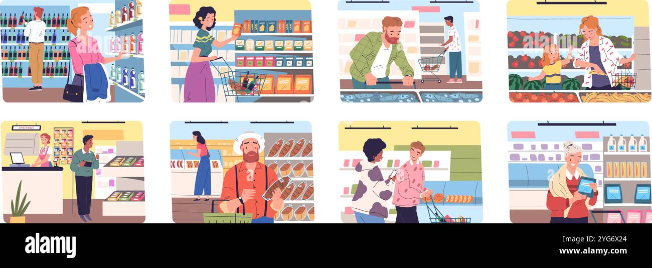 Choosing food grocery store. Shoppers visits supermarket, consumer ...