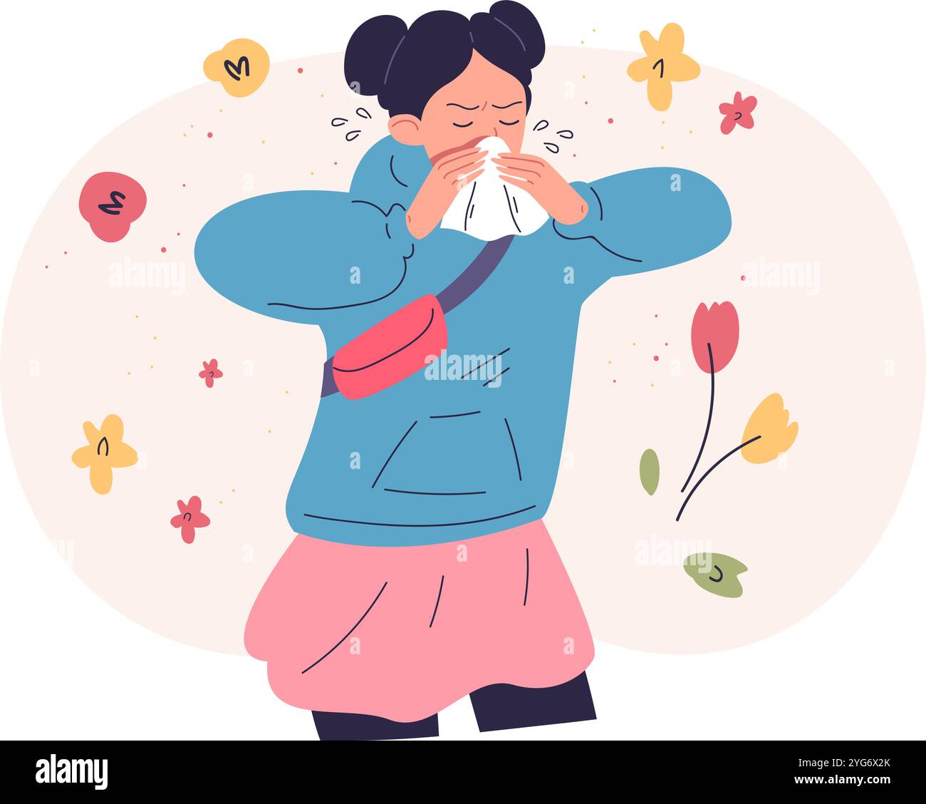 Pollen allergy. Sneezing woman seasonal allergic reaction disease, spring pollination rhinitis ...