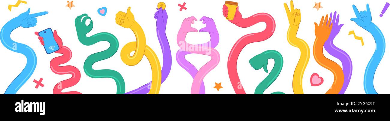 Long flexible hands. Stretched hand holding different items, arm pointing finger various ...