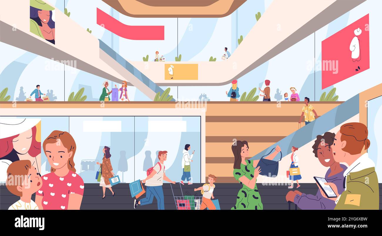 People mall interior. Consumers walking shopping inside modern public ...