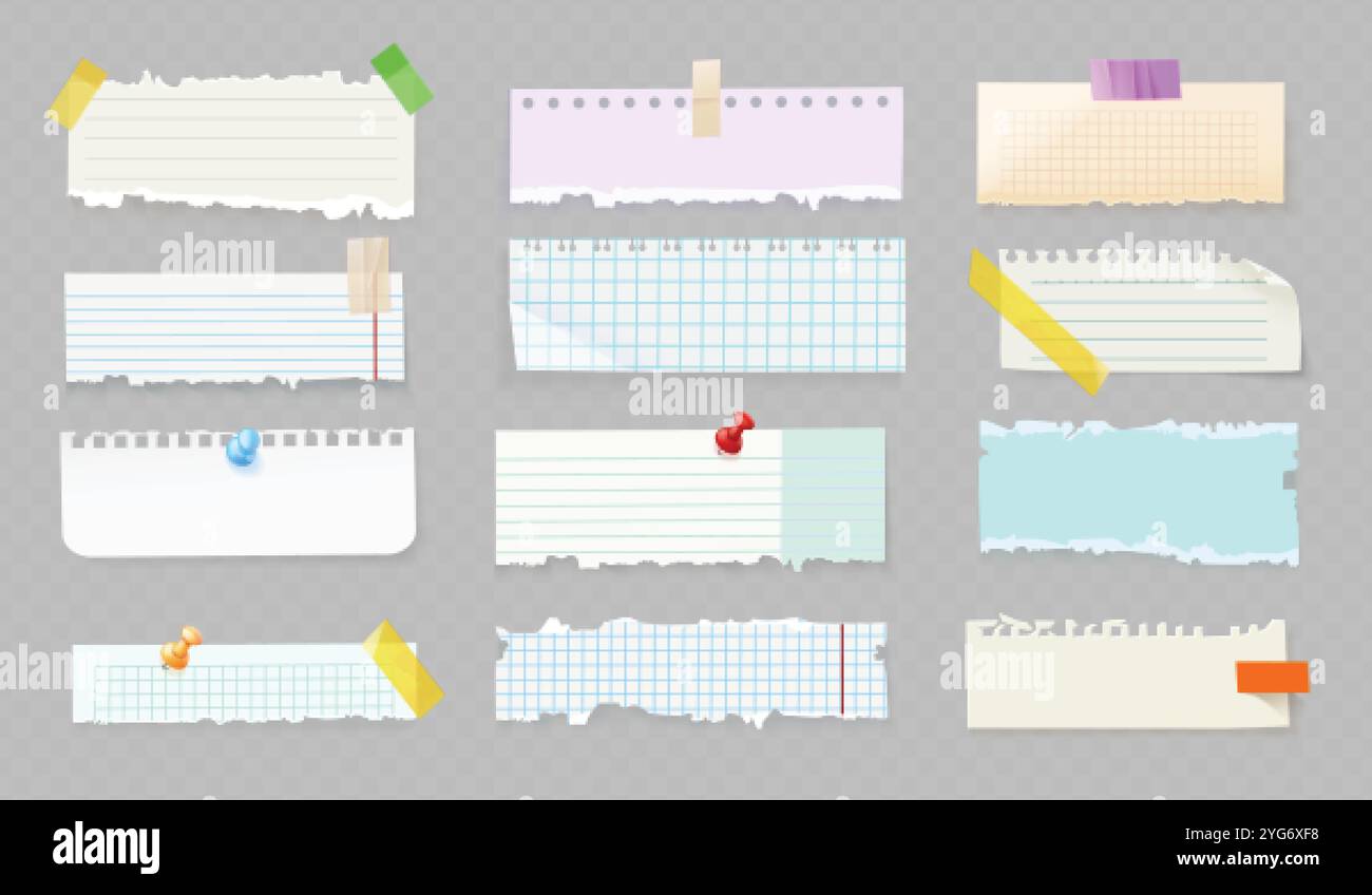 Realistic paper scraps. Long papers torn strips, shredded brochure page ...